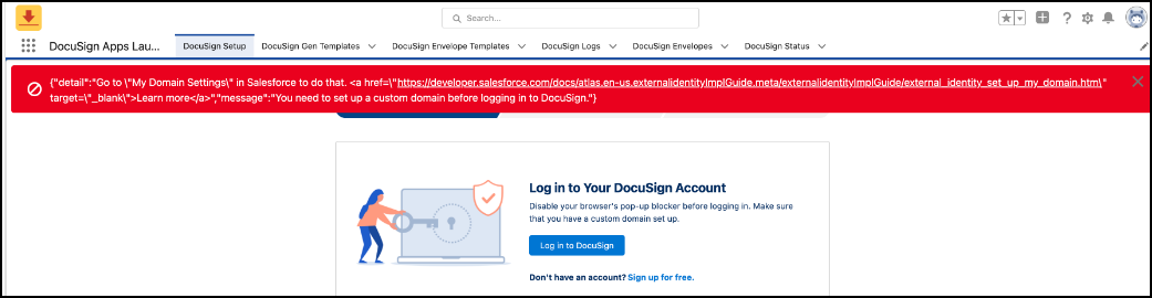 Error: "You need to set up a custom domain before logging in to Docusign." | Docusign CLM for ...