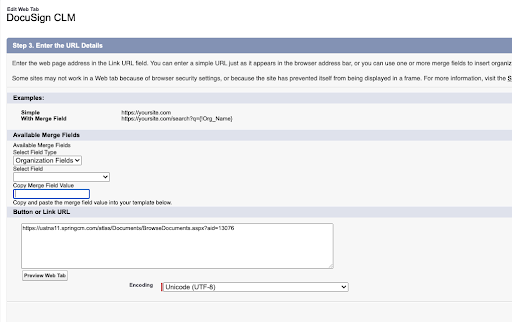 Create Salesforce Custom Tab Linking to DocuSign CLM