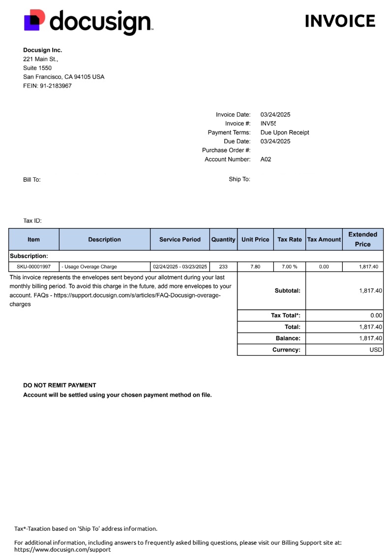 Understand your Docusign invoice for Web plans