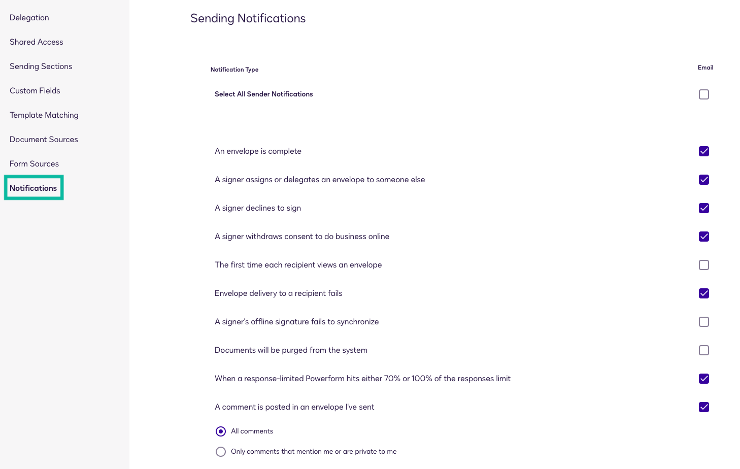 Manage Docusign email notification preferences