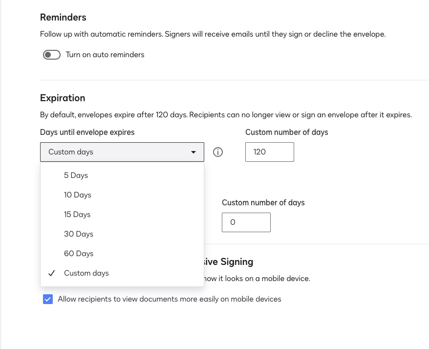 What time do Docusign envelopes expire?